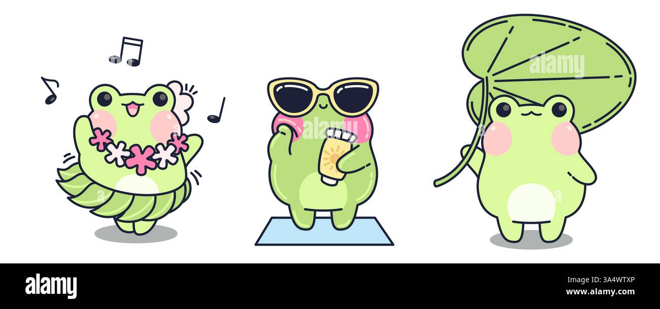 Kawaii frogs in summer outfits - dancing in floral dress, in sunglasses ...