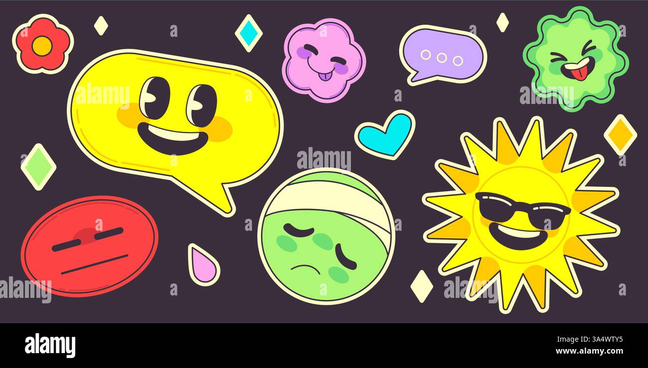 Retro emoji stickers set isolated on black background. Vector cartoon ...