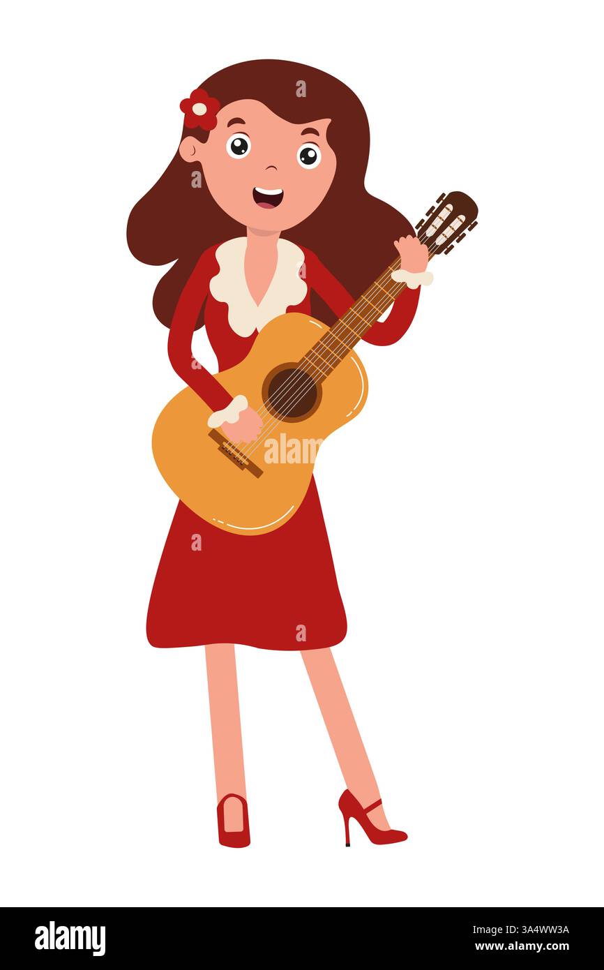 Singer in red dress playing guitar with enthusiasm Stock Vector Image ...