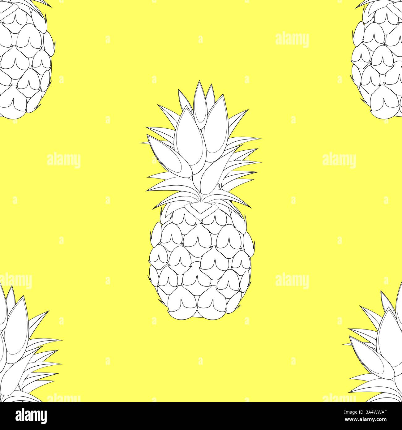 2d lined Pineapples fruit contour abstract seamless pattern on yellow ...