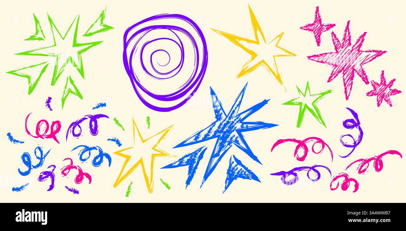 Crayon firework doodles set isolated on background. Vector cartoon ...
