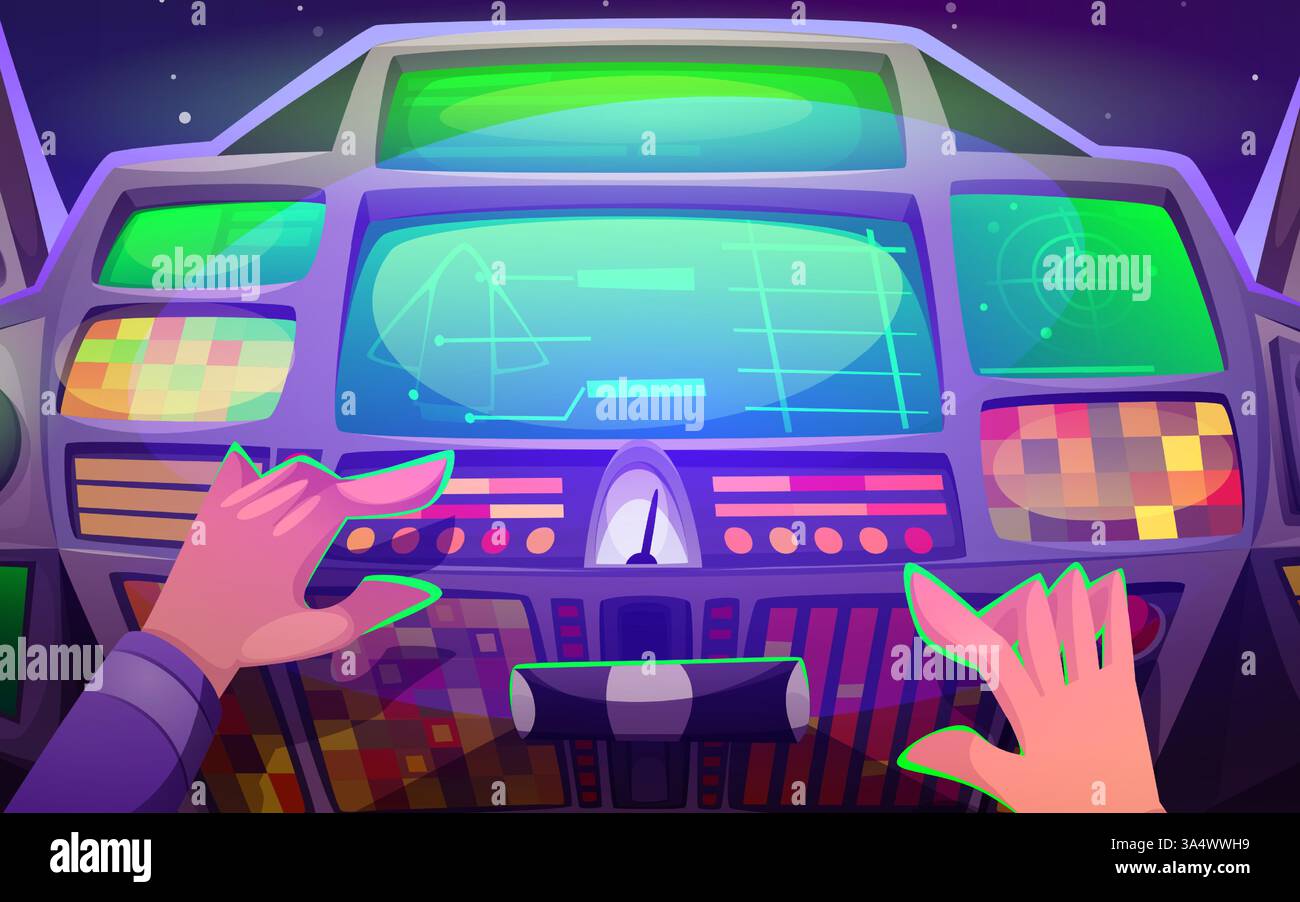 Hands on futuristic spaceship cockpit controls - pilot driving sci fi spacecraft with neon ...