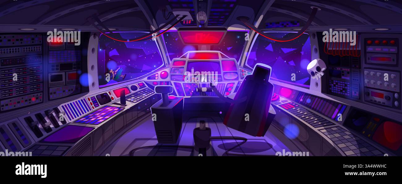 Crash situation in futuristic spaceship cockpit interior view - dashboard controls, multiple ...