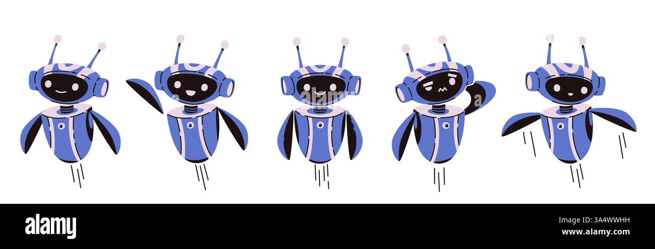 Cute chatbot AI characters set in blue color. Friendly robot assistants ...