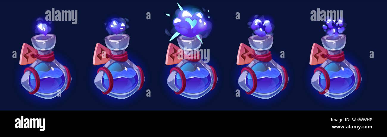 Cartoon potion bottles sprite sheet animation set with glowing colorful liquid and smoke puff ...