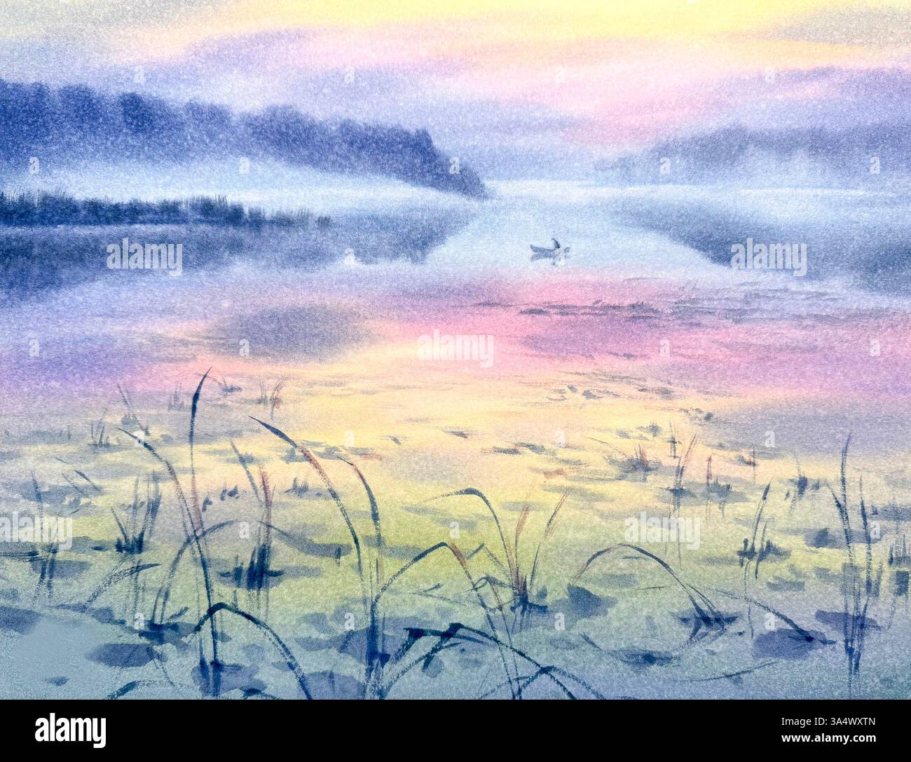 A boat on the lake in the morning mist watercolor background Stock ...