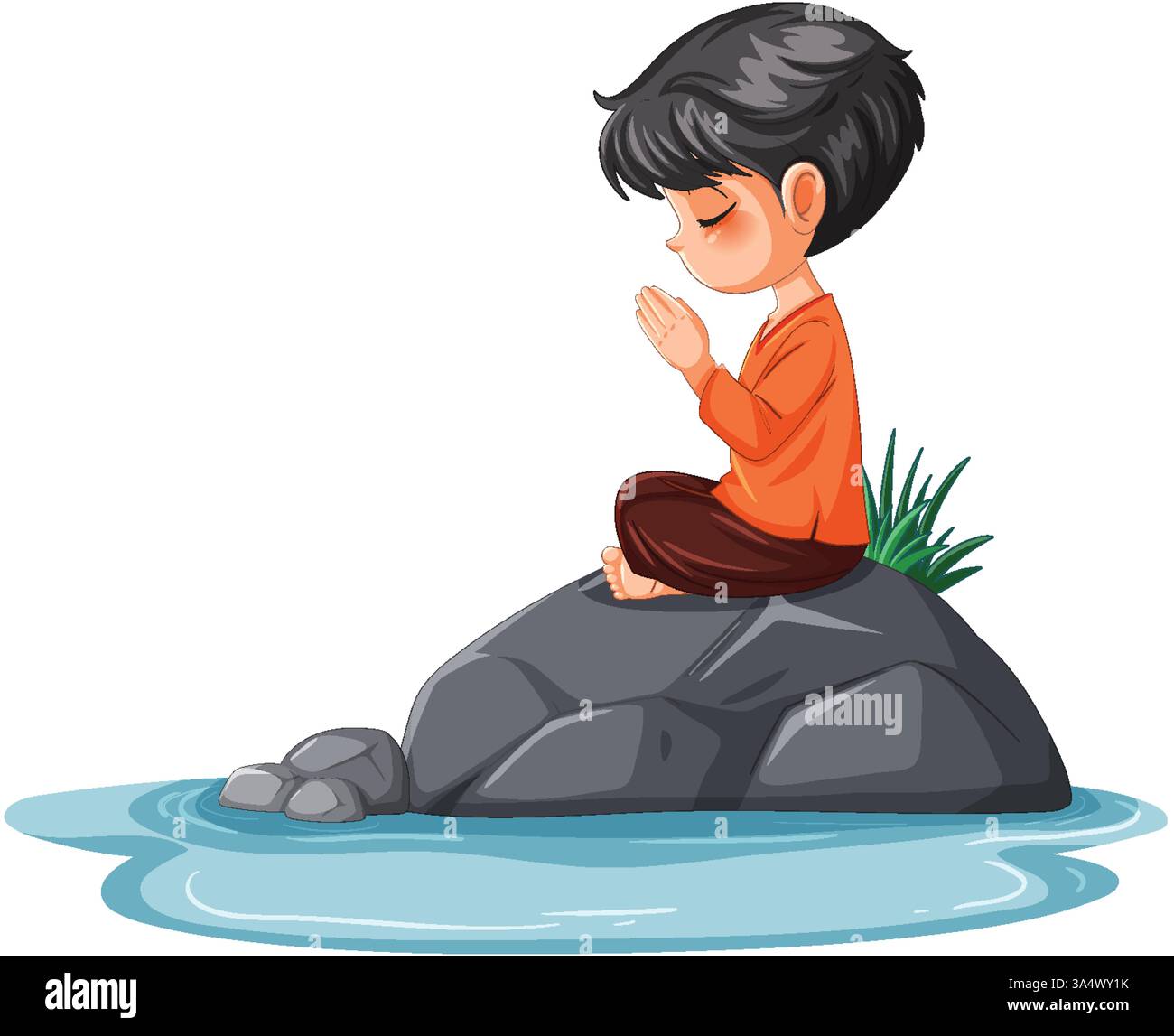 Child meditating peacefully on a rock by water Stock Vector Image & Art ...