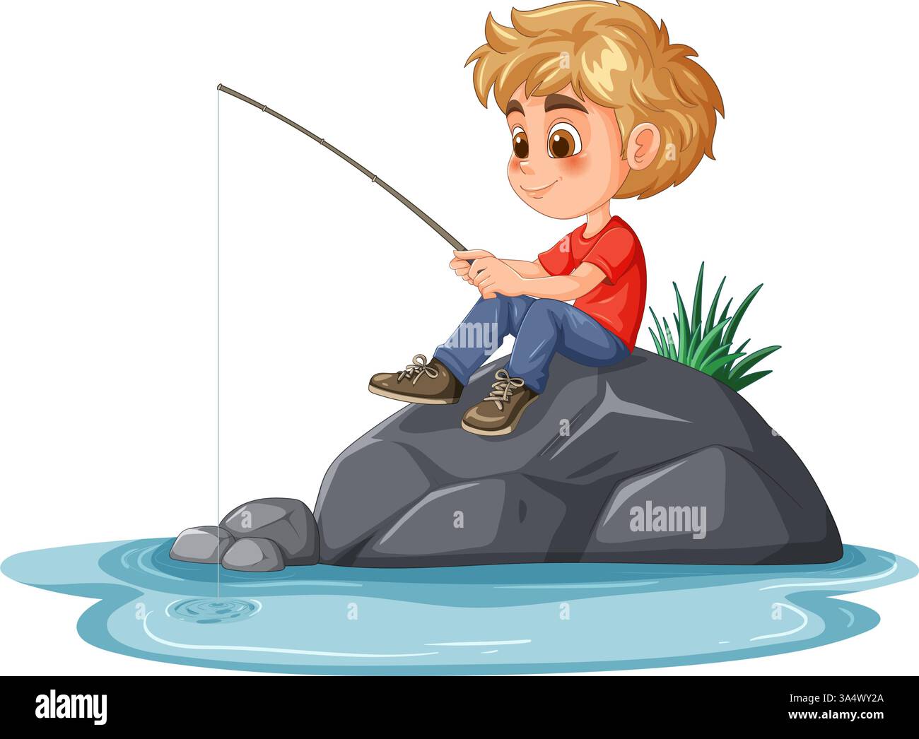 Boy sits on rock fishing Stock Vector Images - Alamy