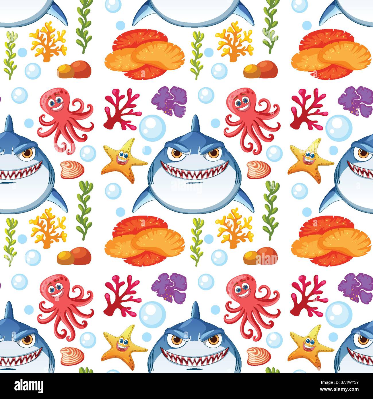 Colorful marine life with sharks, octopuses, and starfish Stock Vector ...