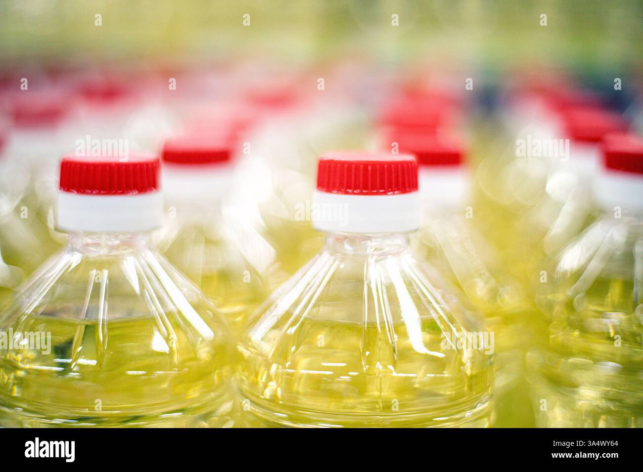 extra virgin vegetable oil in liter plastic bottles in the supermarket ...