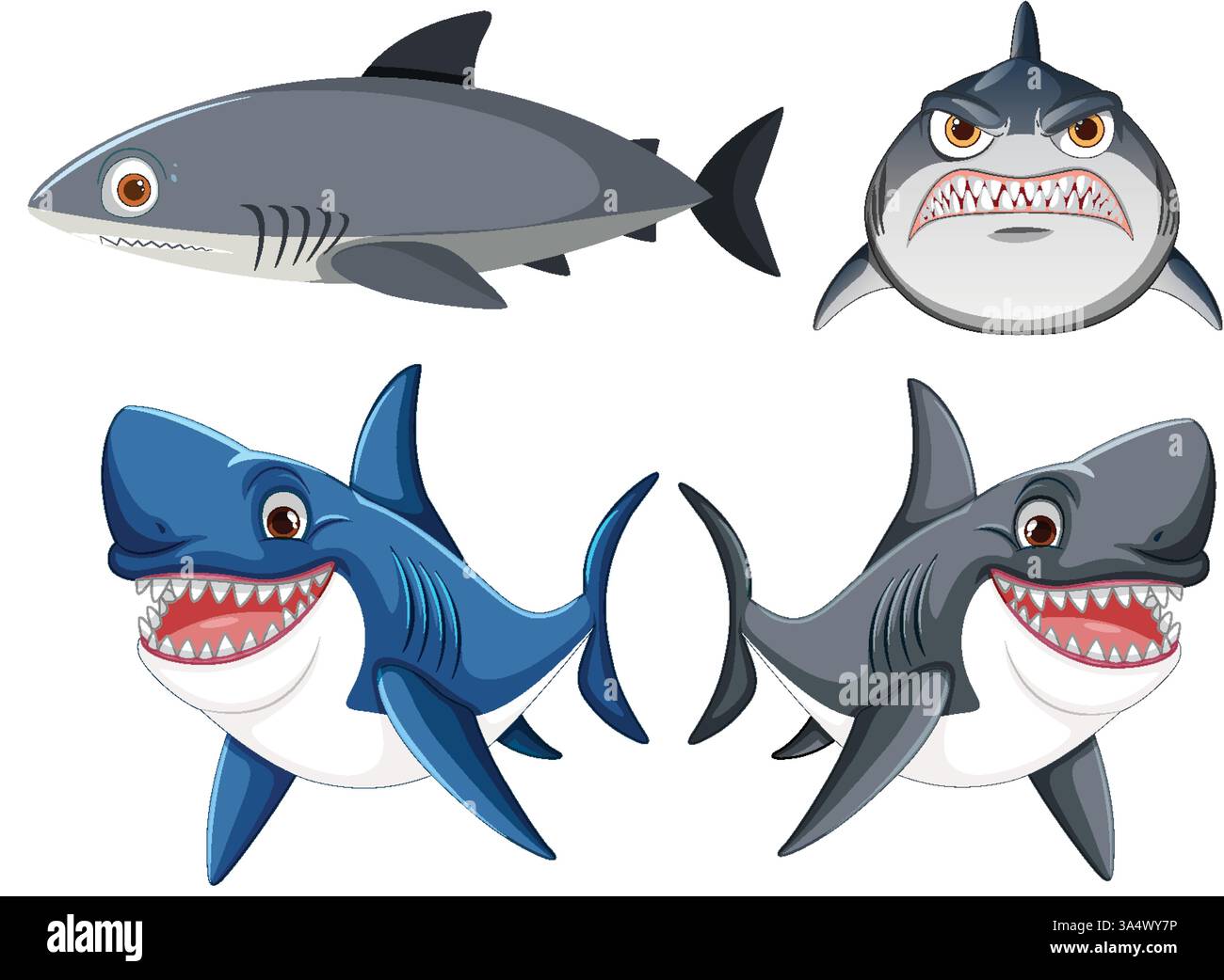 Four animated sharks with different facial expressions Stock Vector ...