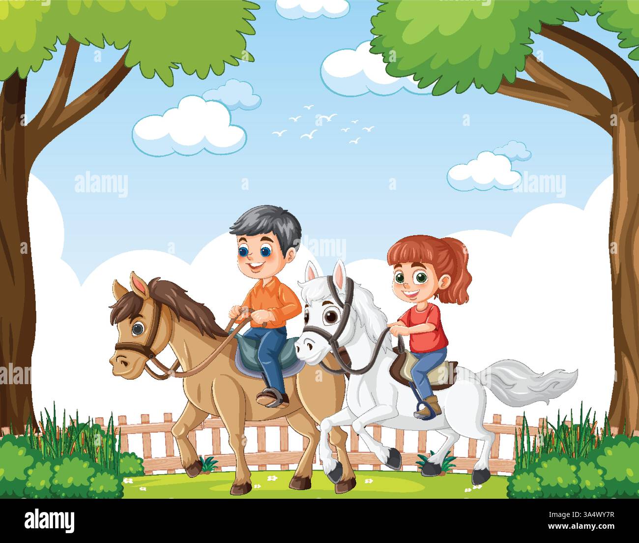 Two cheerful kids riding horses outdoors under sunny skies Stock Vector ...