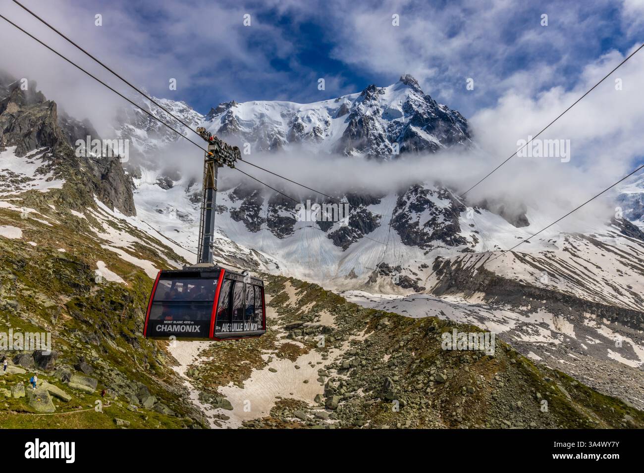 Cable car gondola in Chamonix Mont Blanc. Aiguille du Midi, Brevent and Valle Blanche Cable Car ...