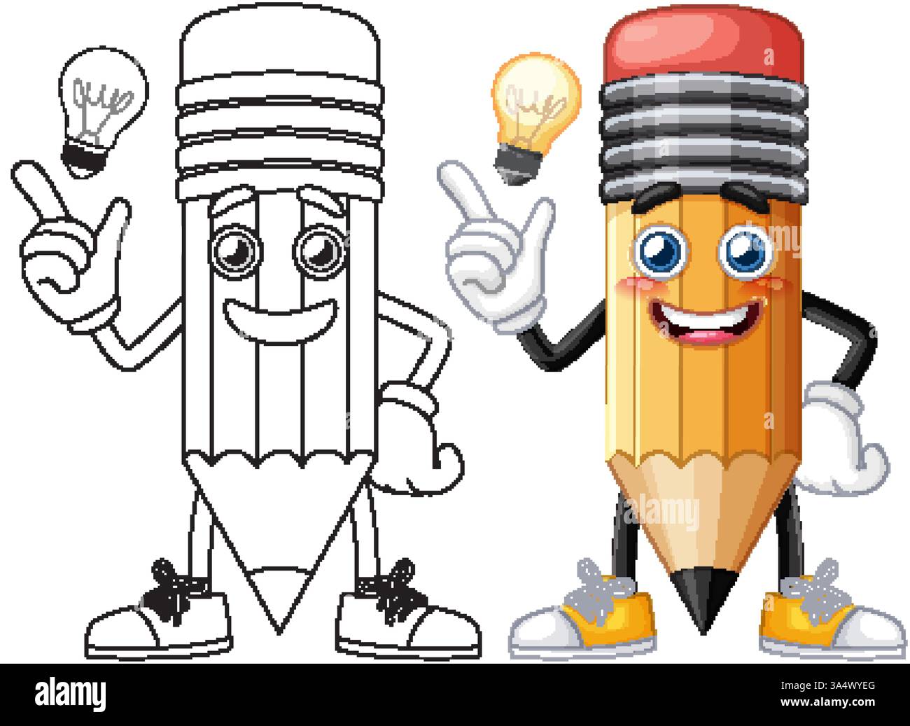 Vector illustration of a smiling pencil character with a lightbulb ...
