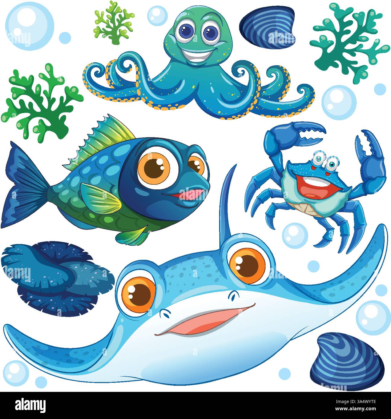 Colorful sea creatures in a playful underwater scene Stock Vector Image ...