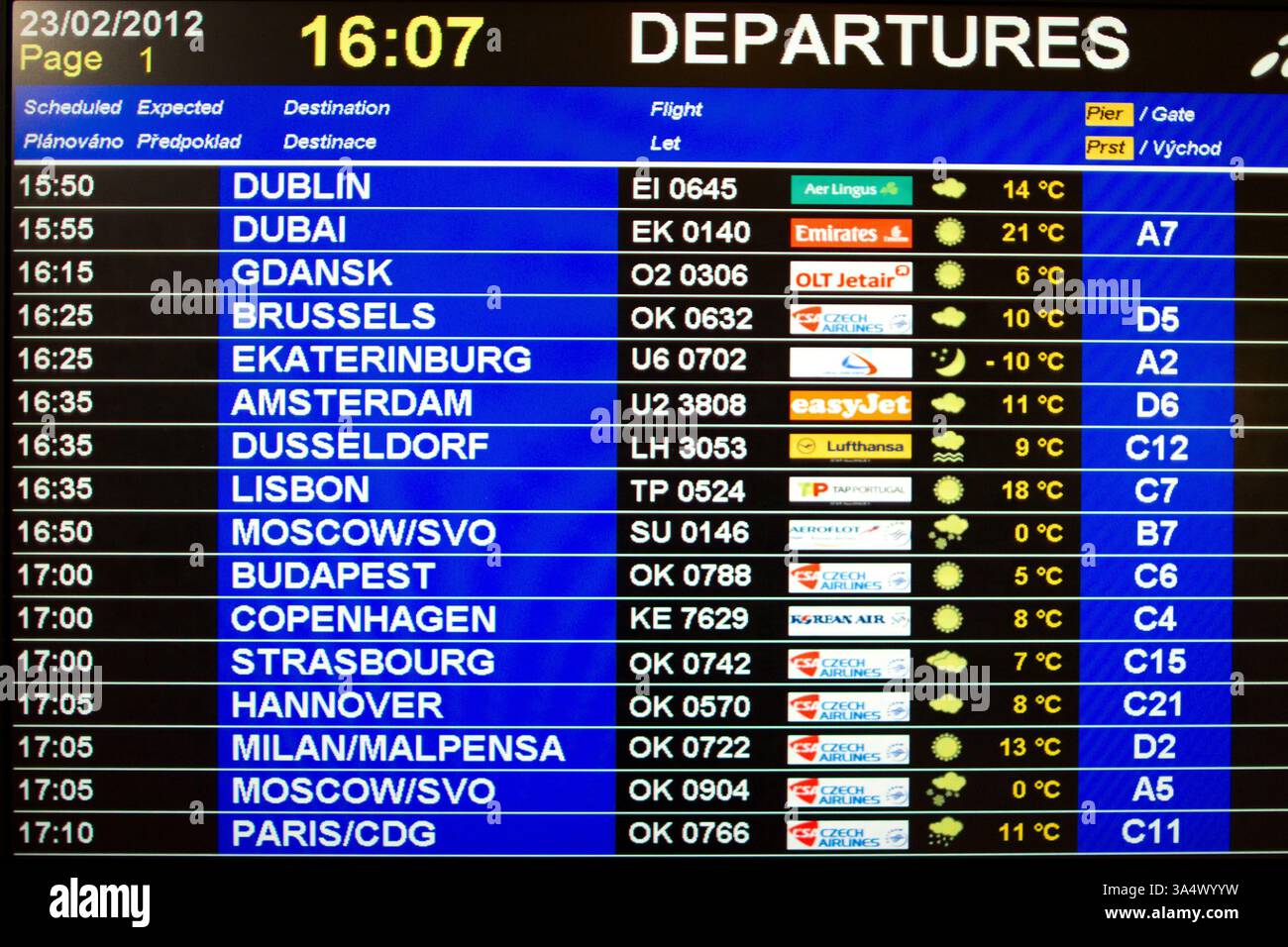 Departure screen in Prag airport in 2012 Stock Photo - Alamy