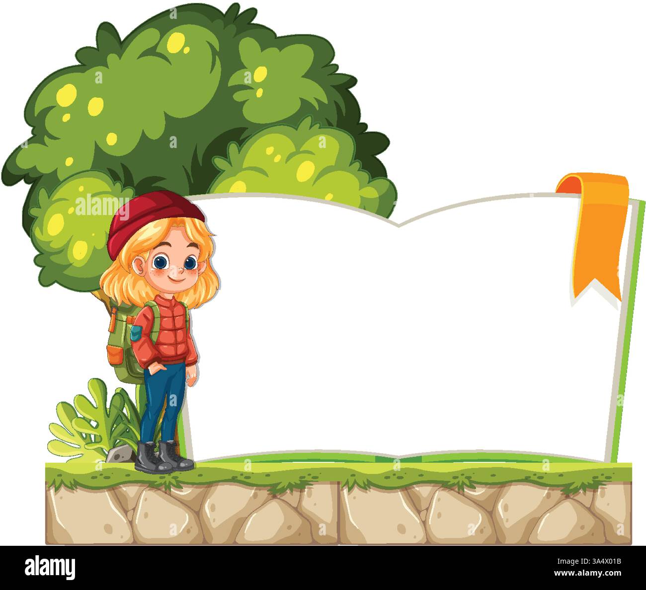 Illustration of girl explorer standing beside blank open book and tree ...