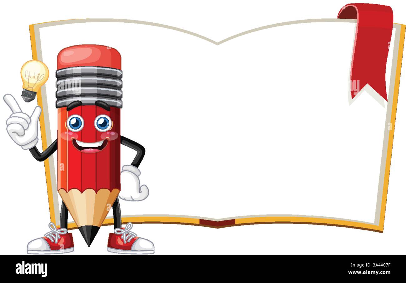 Vector illustration of a smiling pencil character holding a light bulb ...