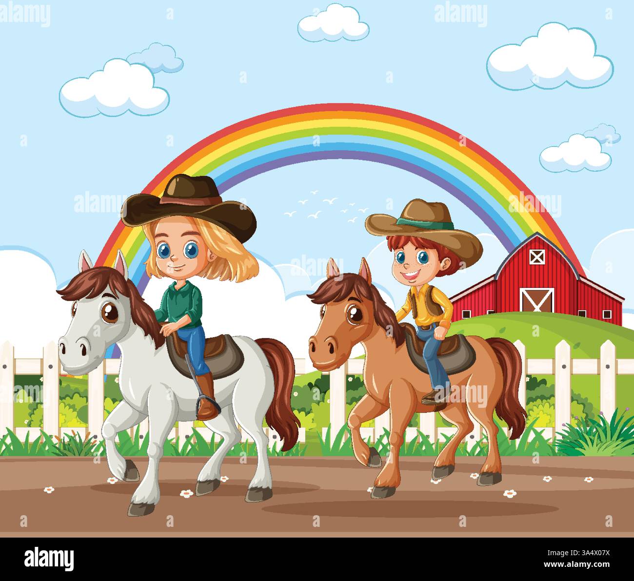 Two happy children riding horses near a farm with rainbow Stock Vector ...