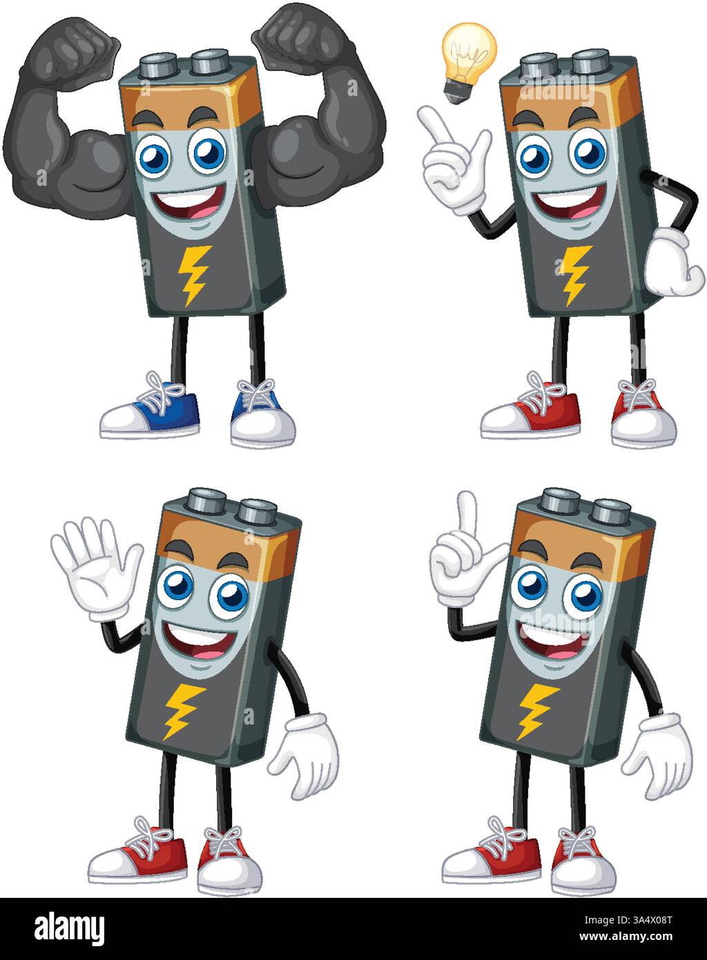 Vector illustration of animated battery characters in various poses ...
