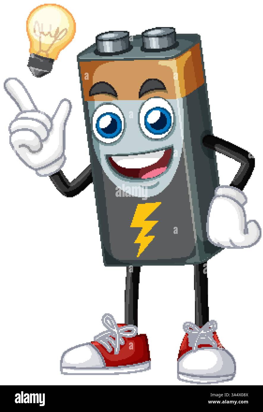 A lively battery character with a light bulb, showcasing energy and ...