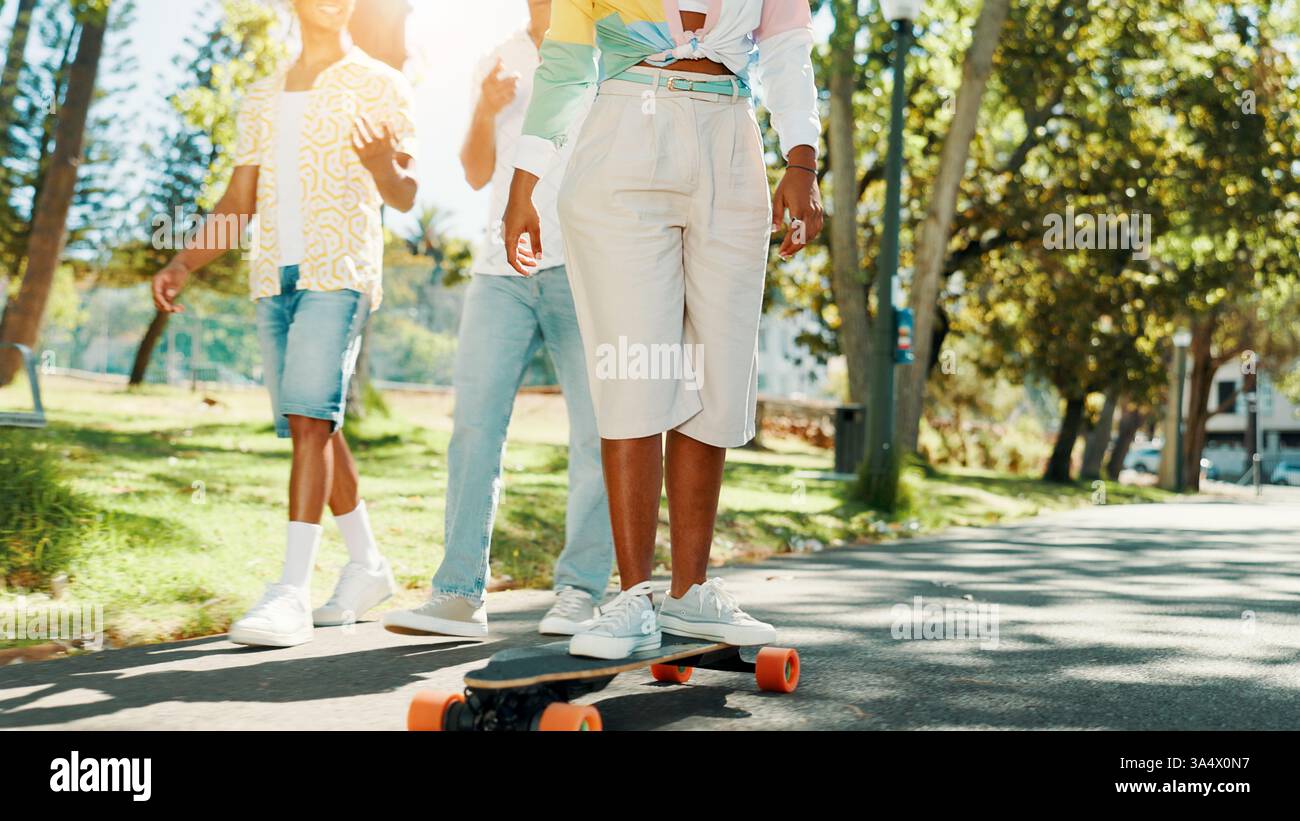 Skateboard, nature and group of friends with fun outdoor in park for ...