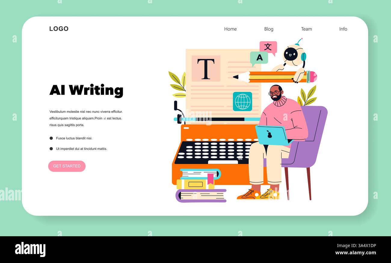 AI hobbyist engaged in creative writing at a typewriter surrounded by digital tools and ...