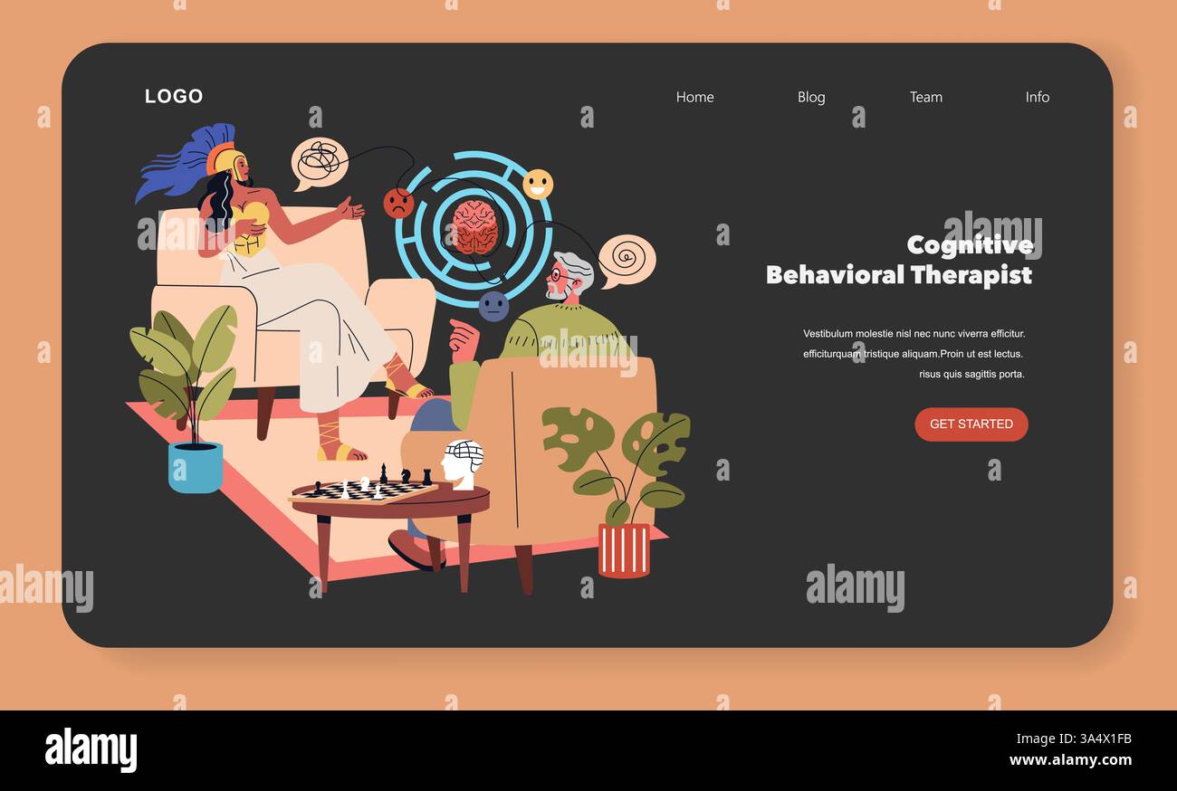 Cognitive behavioral therapy session illustration. Depicts a therapist ...