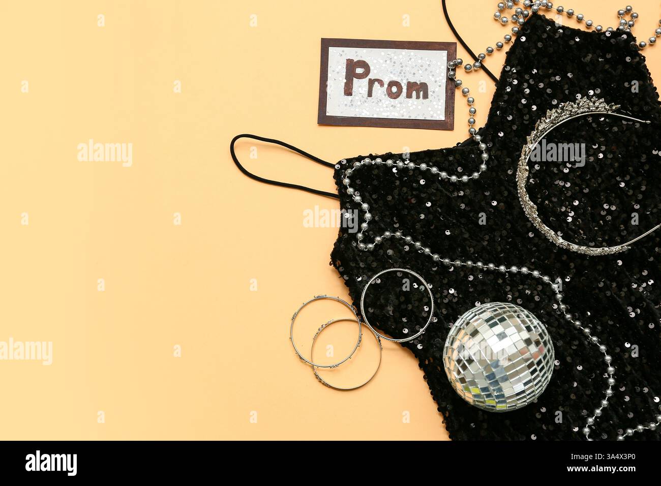 Word PROM with dress, disco ball and accessories on beige background ...