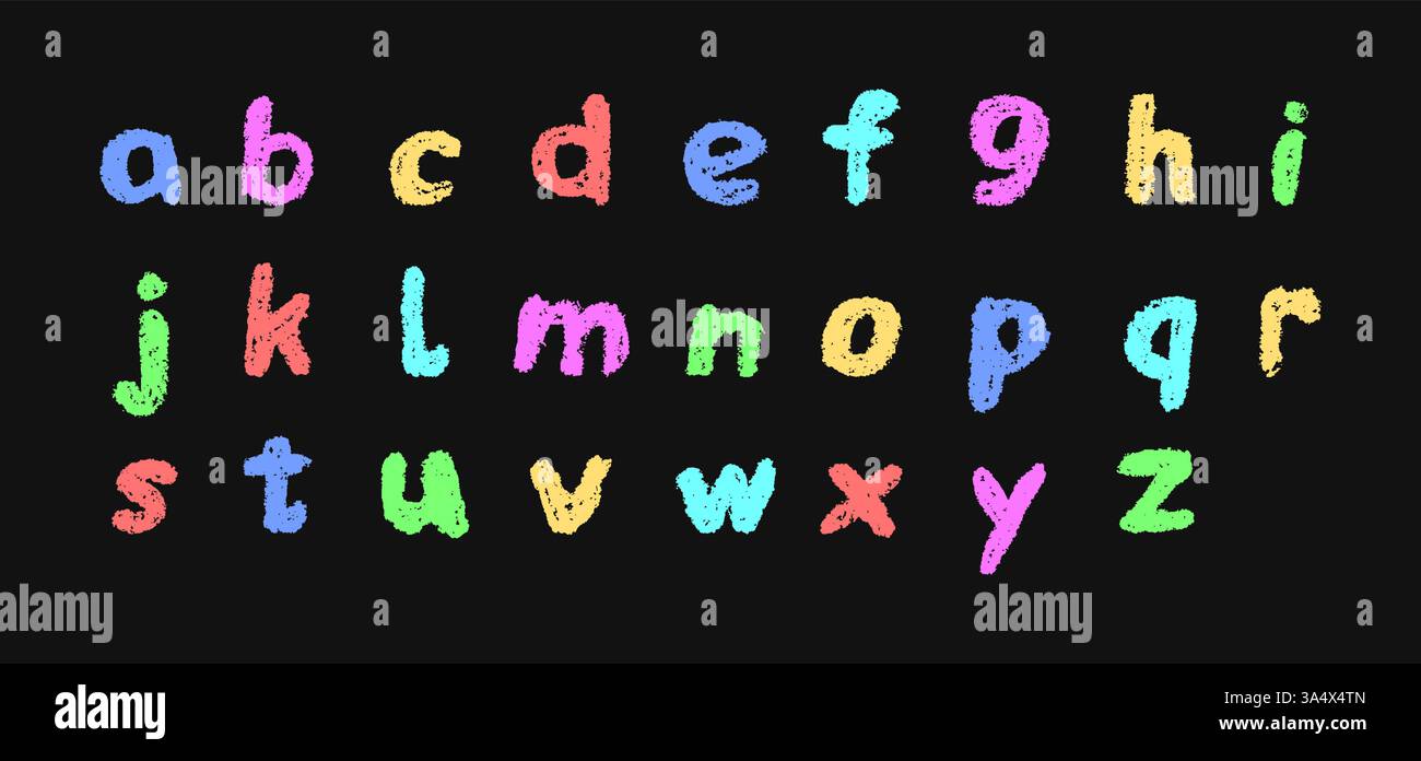 Colorful English alphabet hand-drawn in a crayon. Lowercase color ...