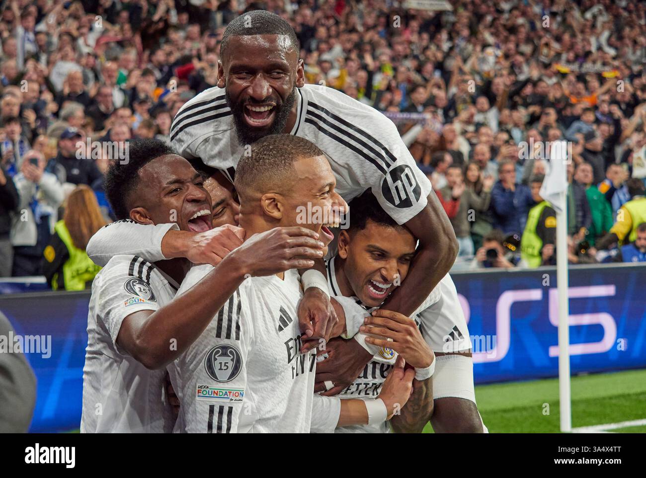 Vinicis Jr, Jude Bellingham, Kylian Mbappe, Rodrygo and Antonio Rüdiger celebrate a goal of ...