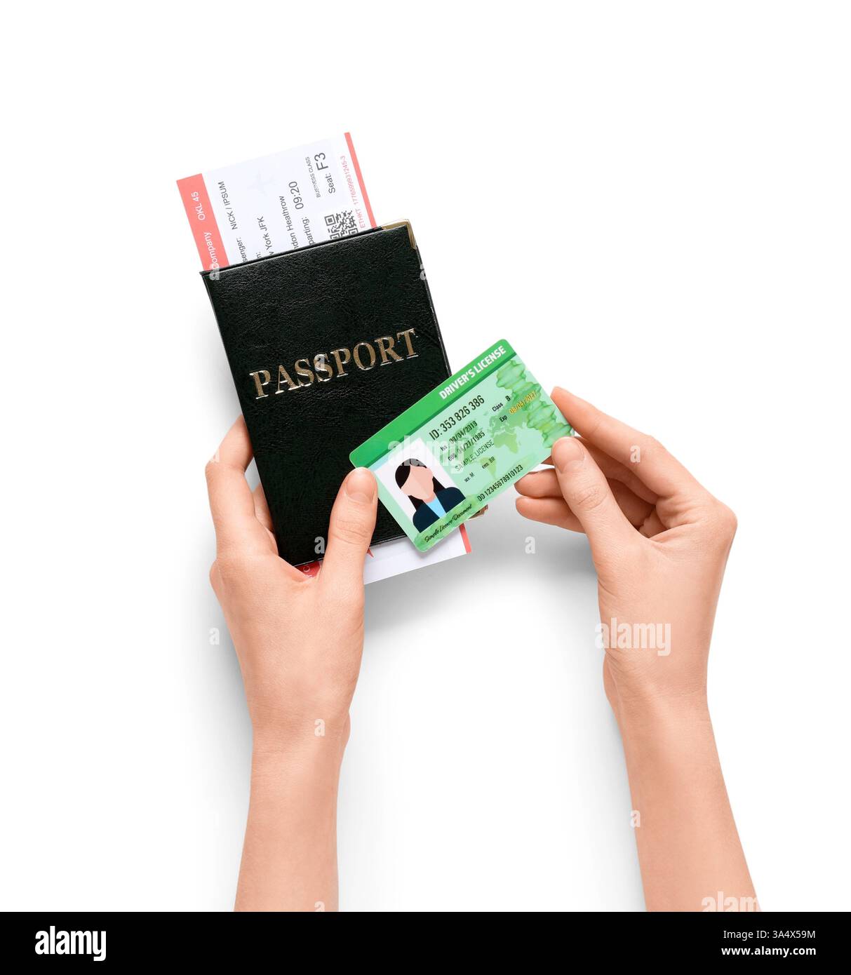 Female hands with driving license, passport and ticket on white ...