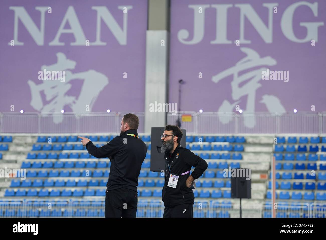 Operations staff make final checks at the venue for World Athletics ...