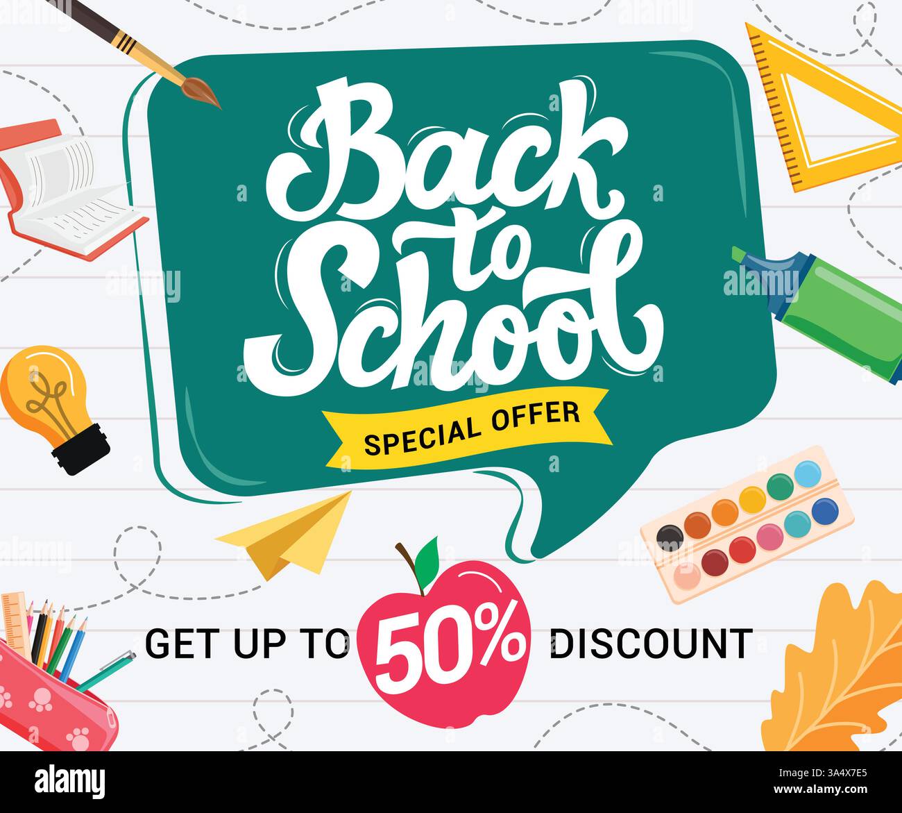 Back to school sale clipart banner. School promo discount with 50% ...