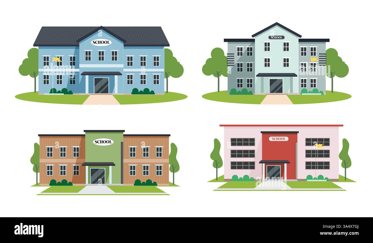 School building icon clip art set. School university and college ...
