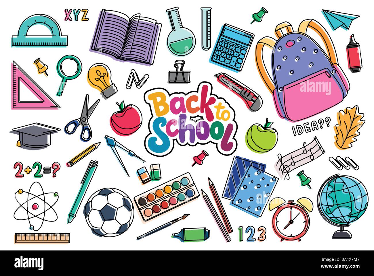 Back to school outline colorful clipart set. School elements drawing ...