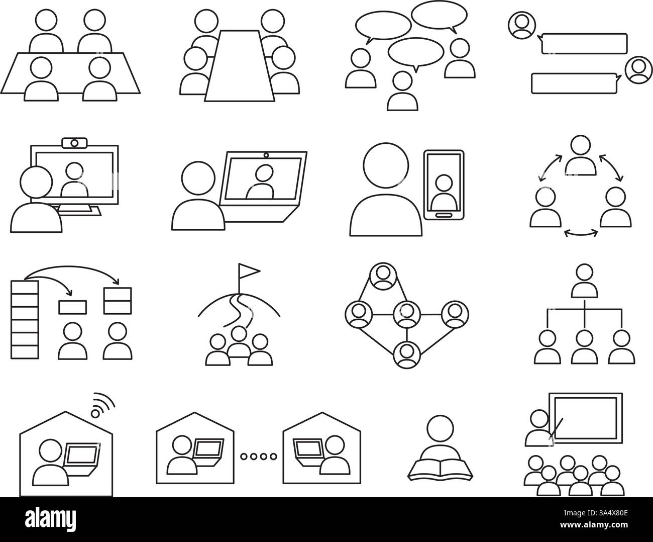 Business scene line drawing icon set. Pictograms for meetings, remote ...