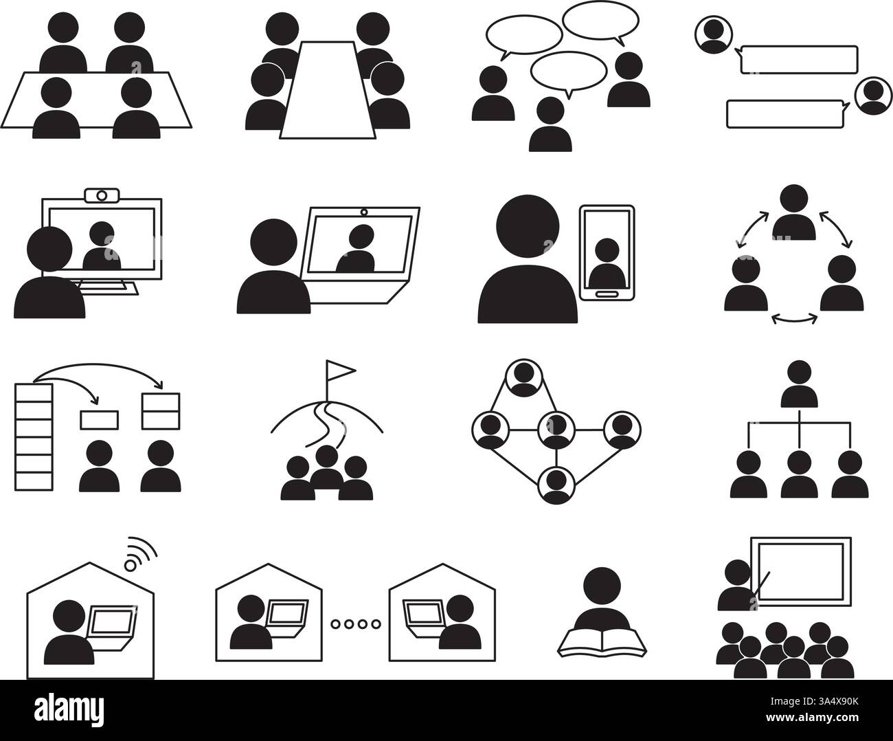 Business scene monochrome icon set. Pictograms for meetings, remote ...