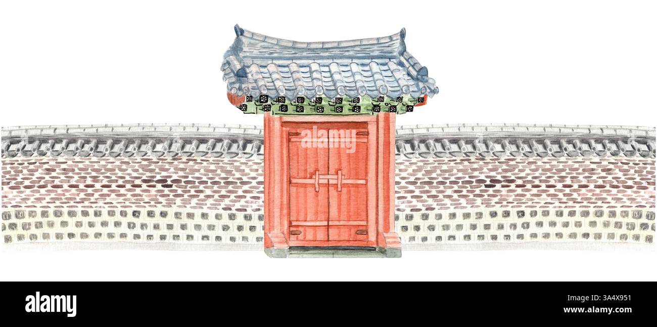 Korean style gate with stone walls, watercolor illustration. Hand drawn ...