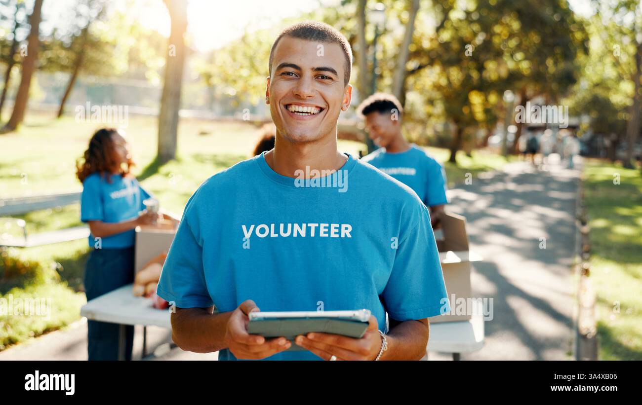 Outdoor, man and portrait of volunteer with tablet for checking food ...