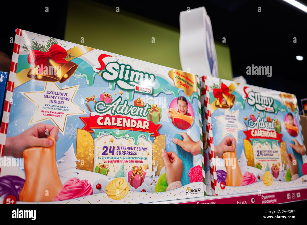 Lviv, Ukraine - March 19, 2025: Advent calendar featuring slime ...