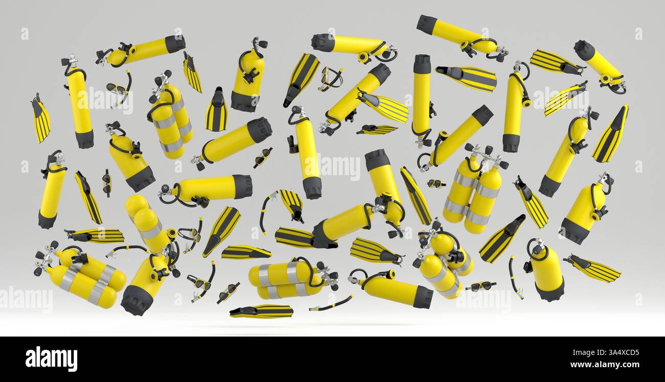 Many of flying scuba stuff and beach accessories like oxygen tank, flip ...