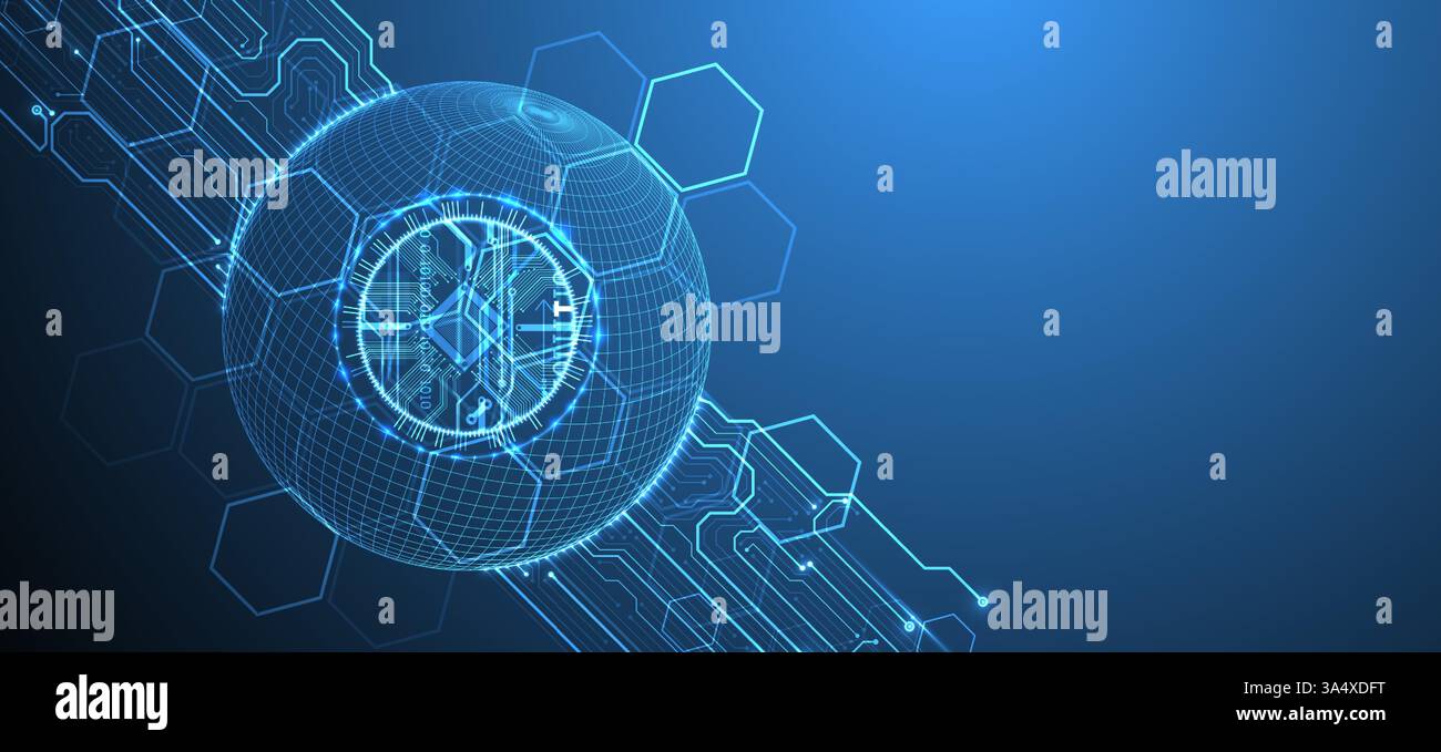 Abstract image of a computer chip in the middle of a wireframe sphere ...