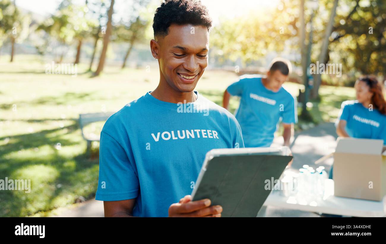 Nature, man and volunteer with tablet for research on food drive ...