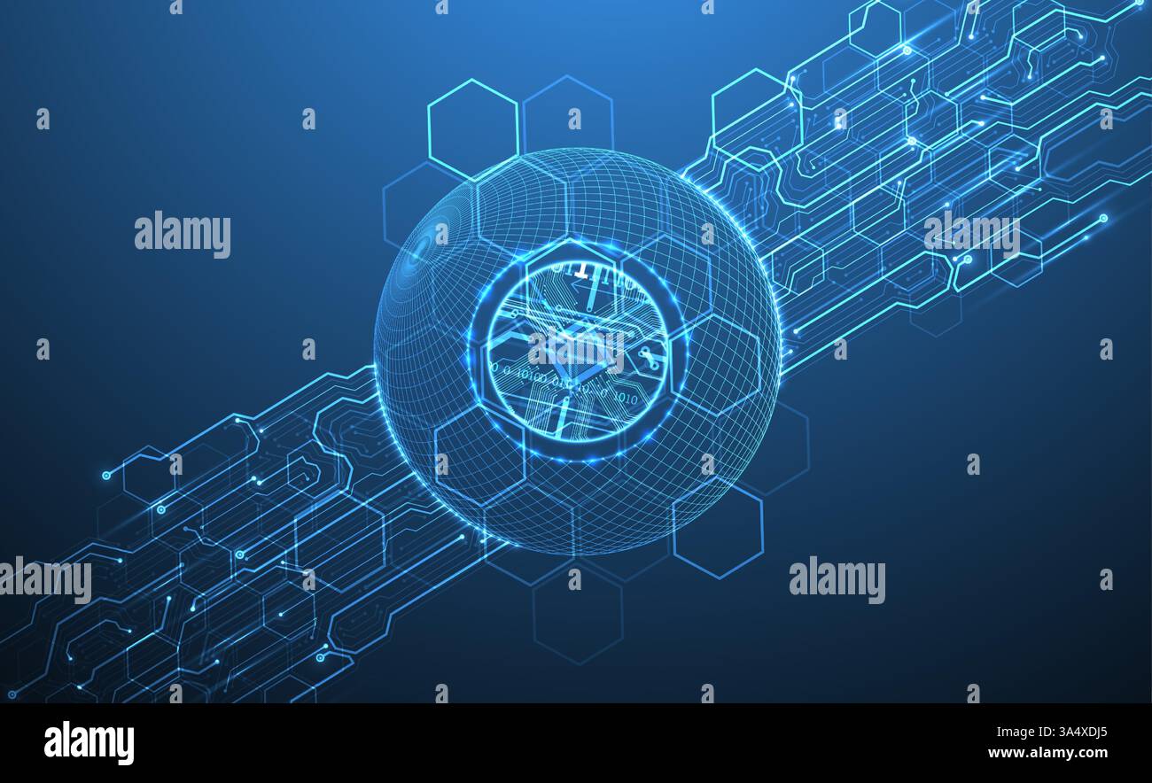 Abstract image of a computer chip in the middle of a wireframe sphere ...