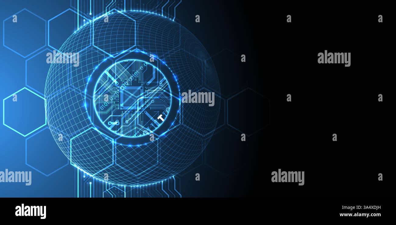 Abstract image of a computer chip in the middle of a wireframe sphere ...