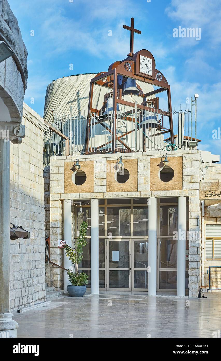 Nazareth, Israel - February 15, 2025: A historic church entrance with a ...