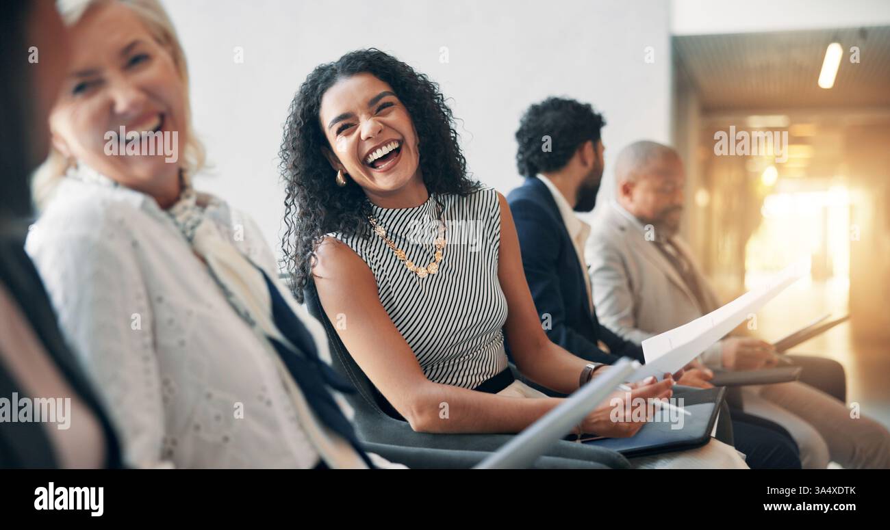 Business, laughing and audience in seminar, group and colleagues in ...