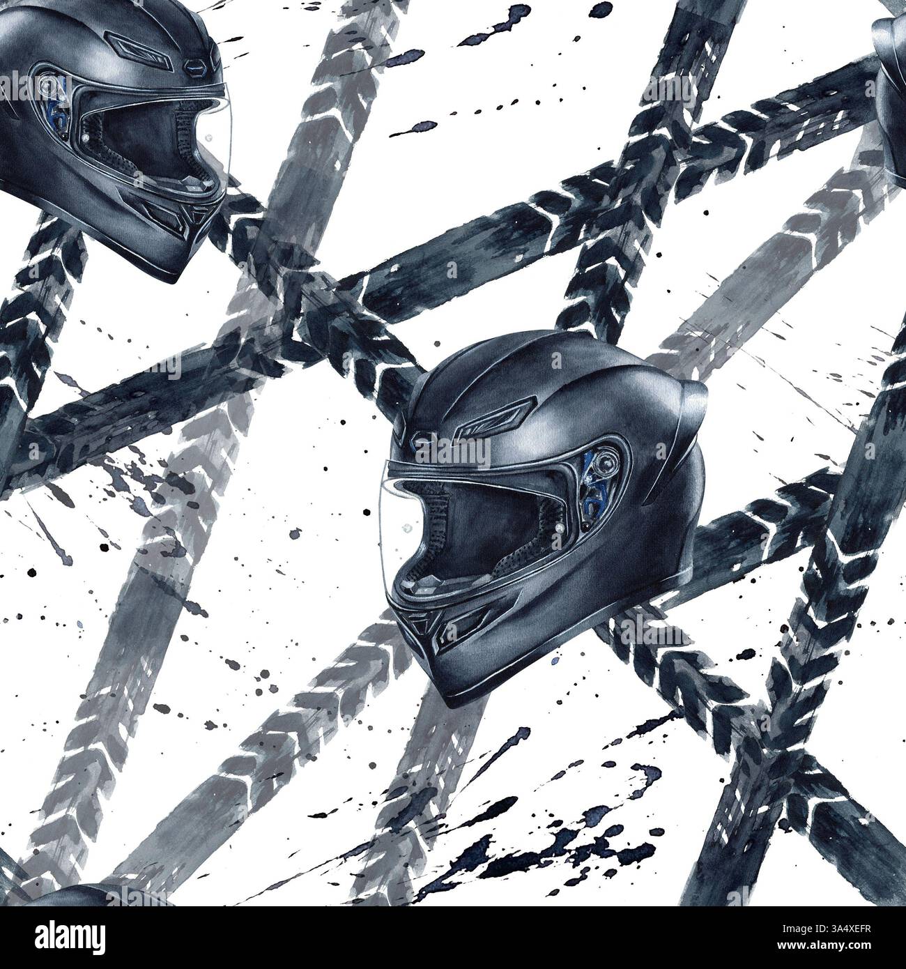 Helmet with tire tracks and black splatters spray. Seamless pattern ...