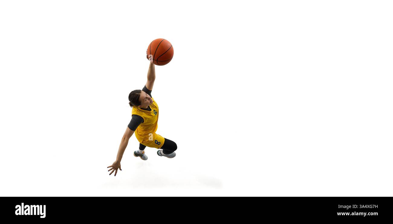Top view dynamic image of woman, basketball player scoring goal ...